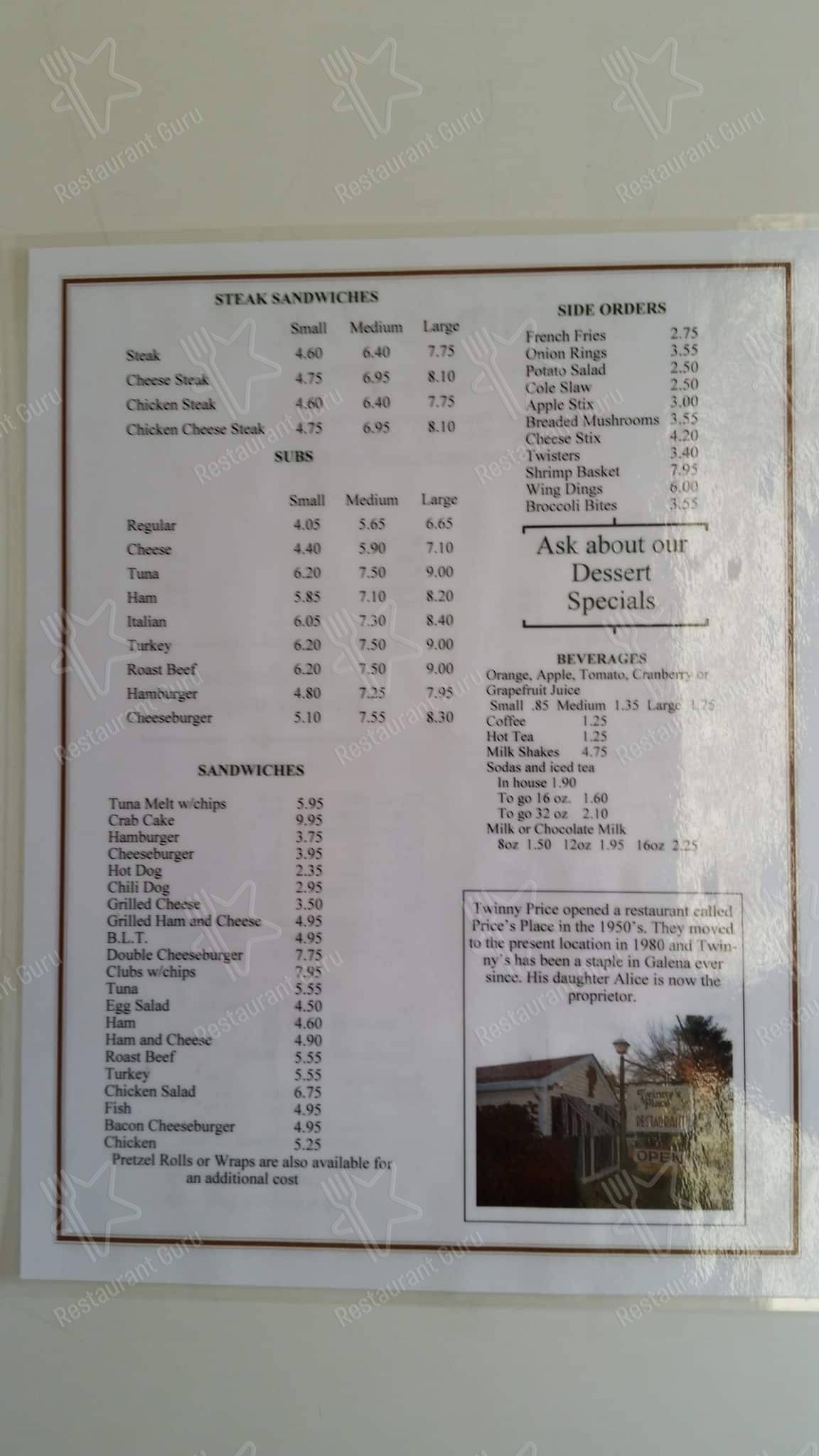 Menu at Twinny's Place restaurant, Galena