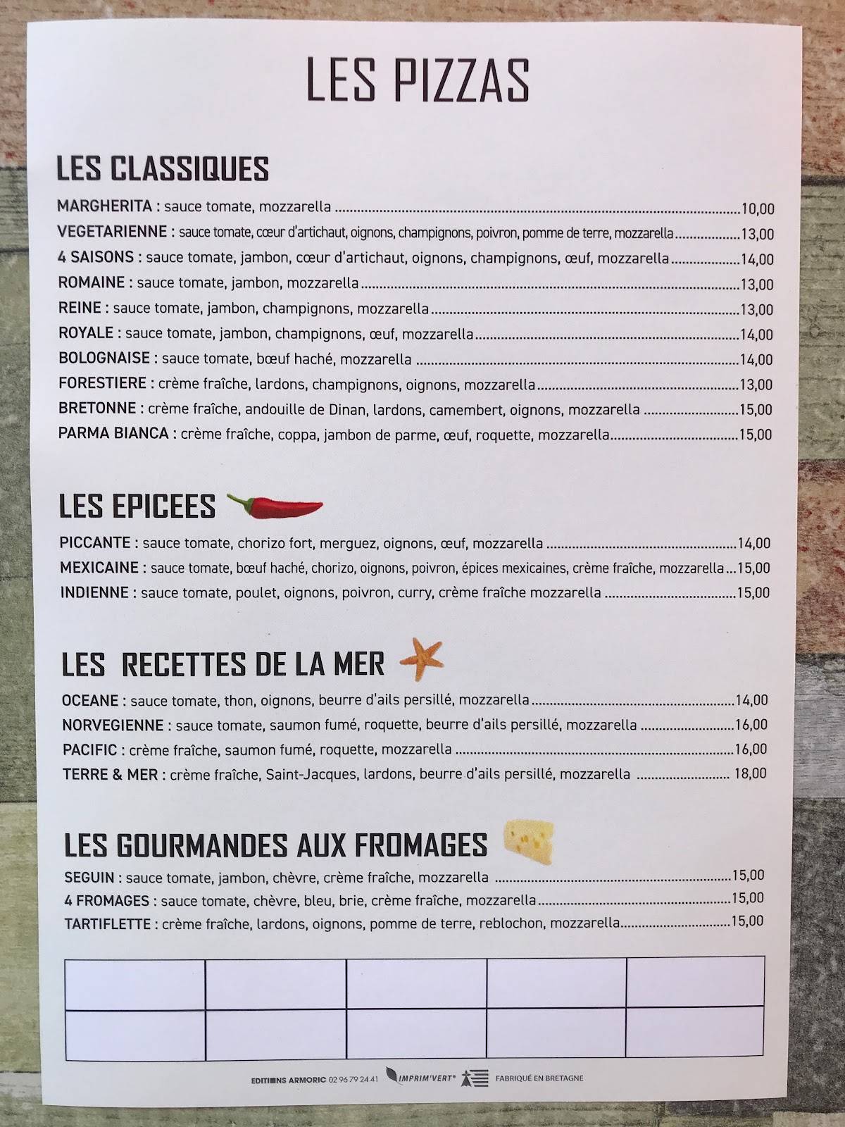 Menu au Ty prince restaurant, Erquy