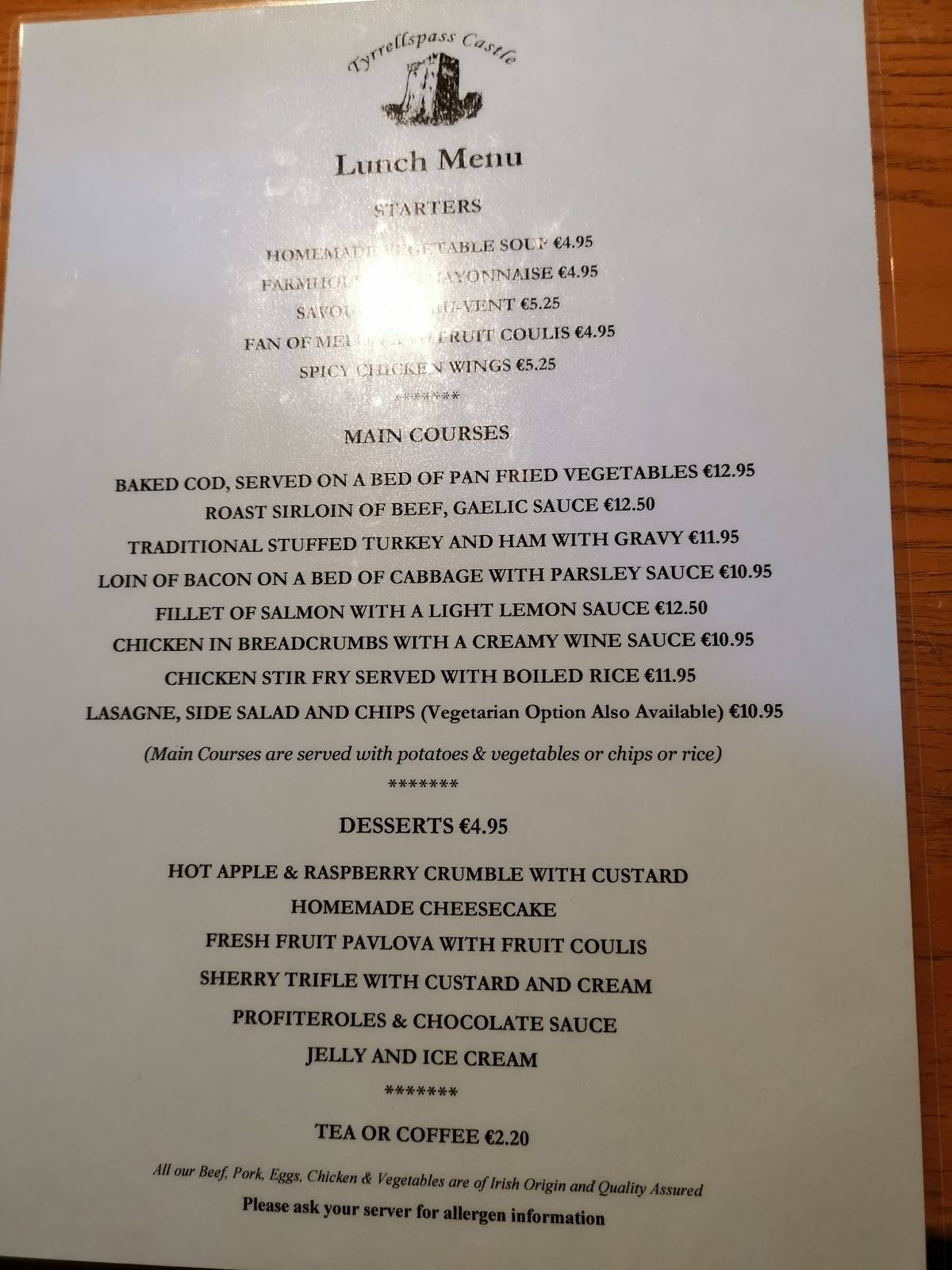 Menu at Tyrrellspass Castle restaurant, Tyrrellspass, Main St