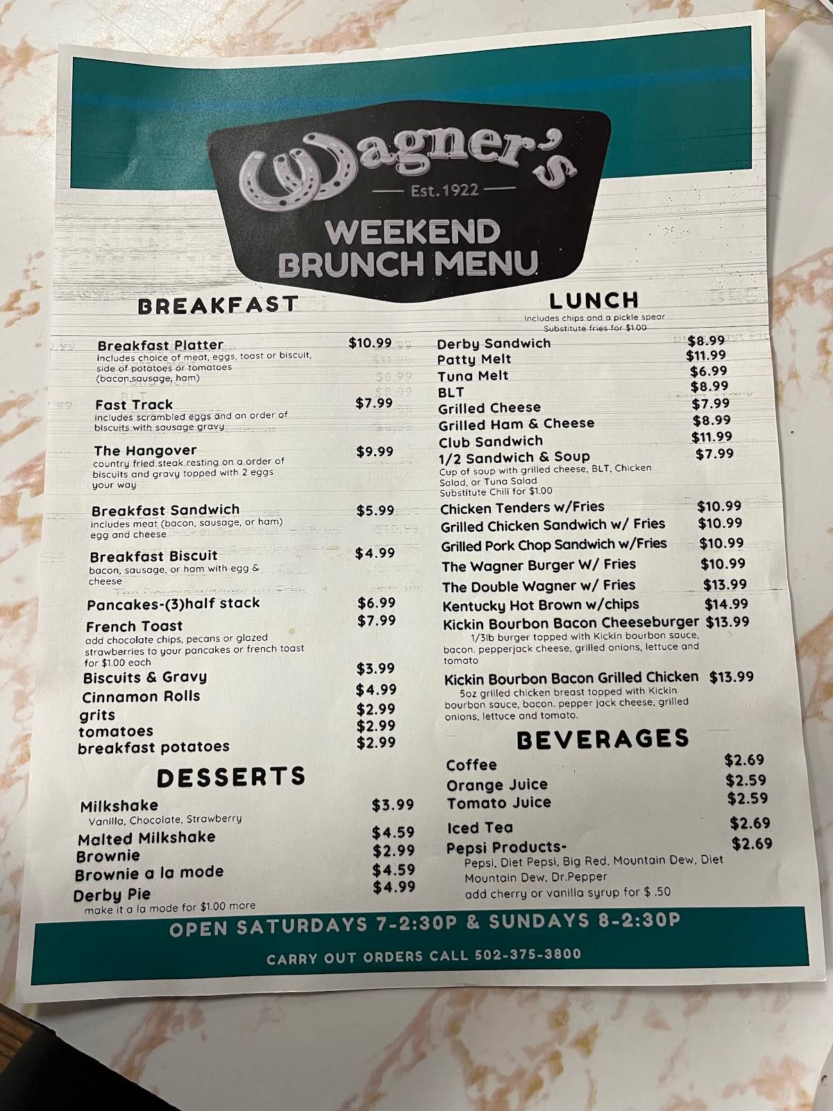 Menu at Wagner's Pharmacy restaurant, Louisville