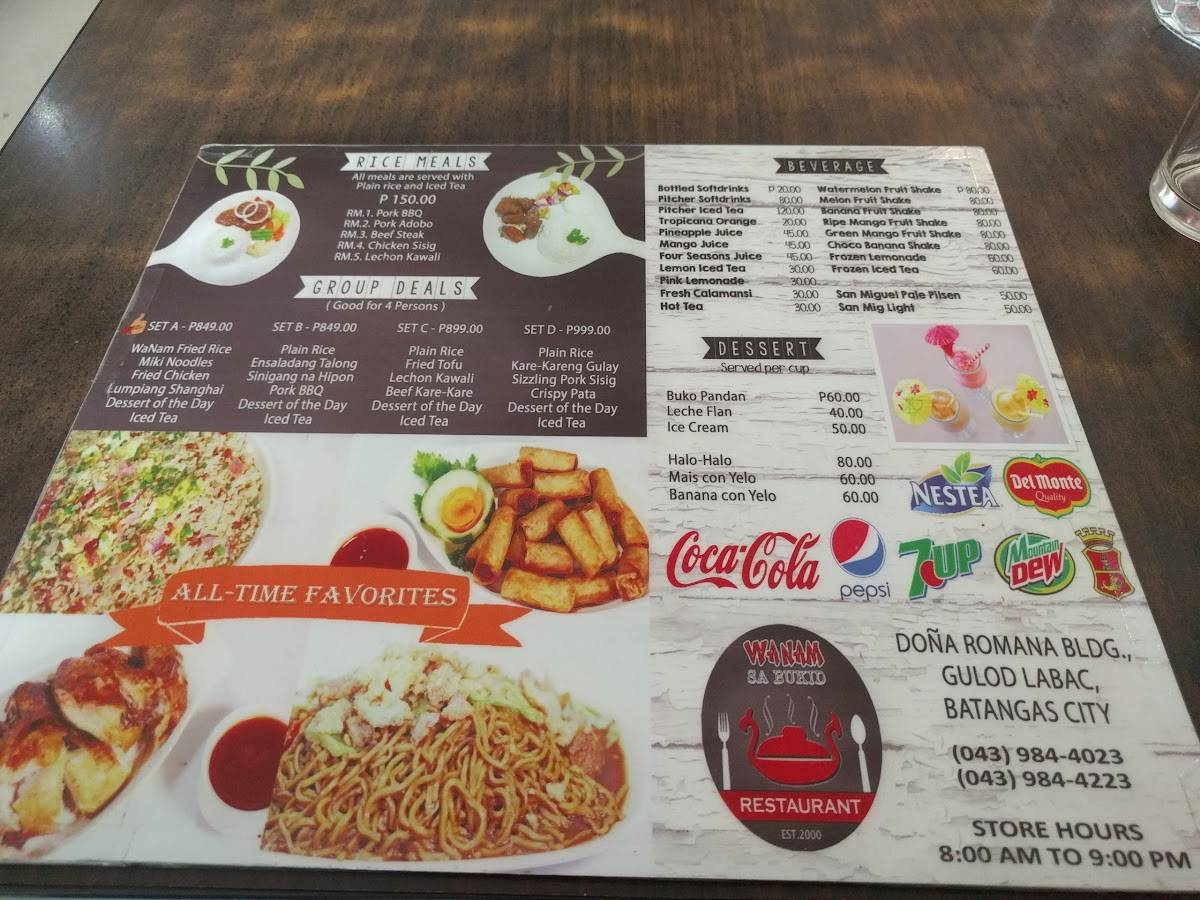 Menu at Wanam sa Bukid restaurant, Batangas