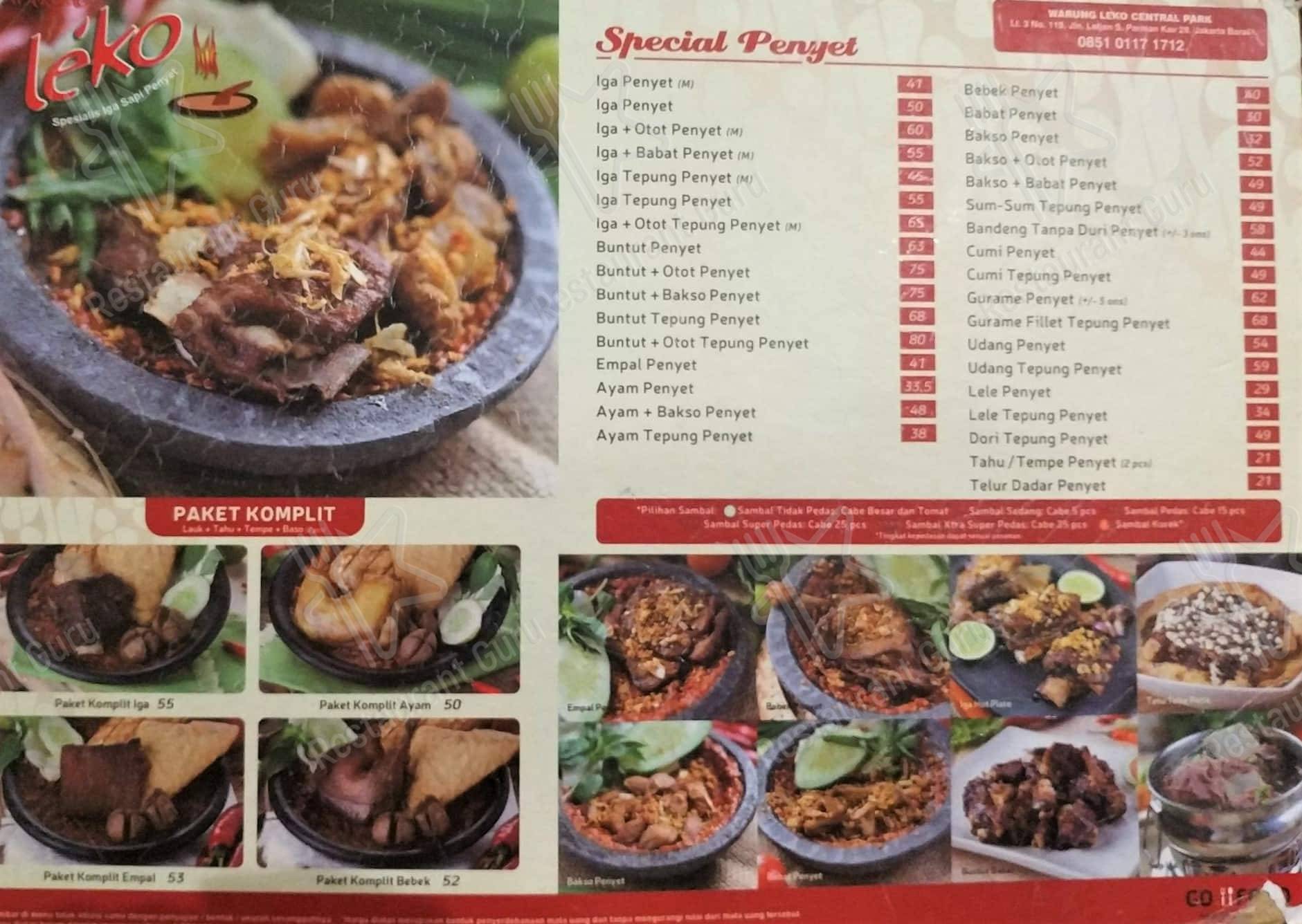 Menu at Warung Leko restaurant, South Jakarta, Jl. TB Simatupang No.1