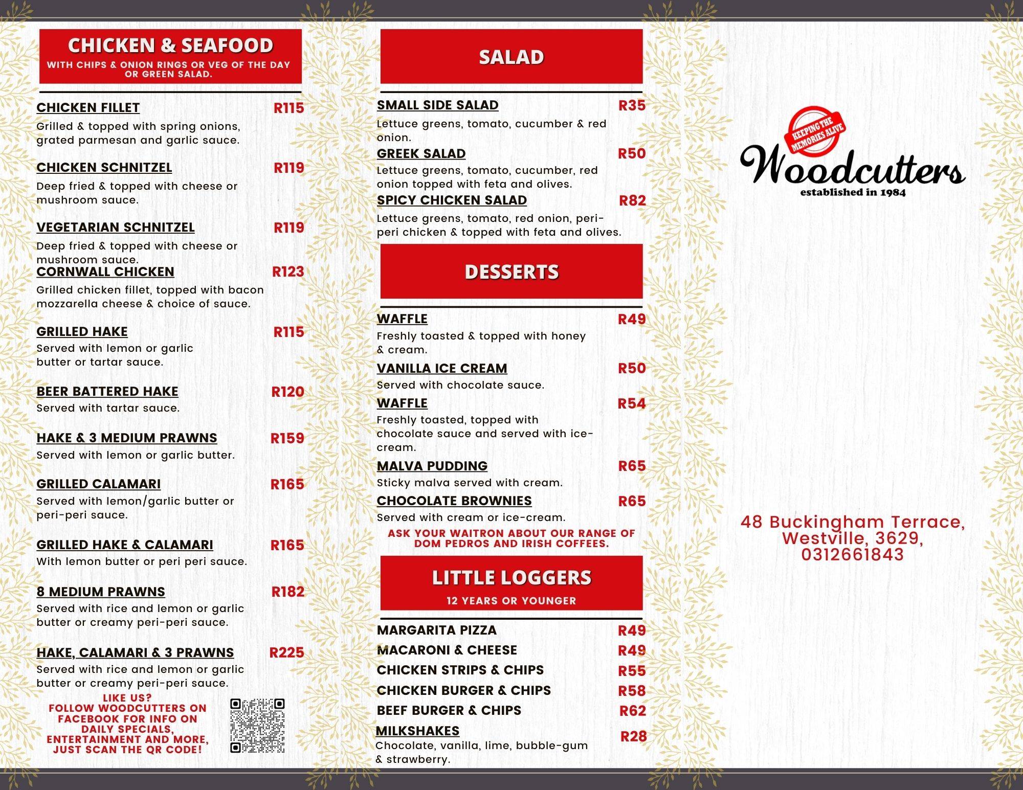 Menu at Woodcutters Restaurant, Durban
