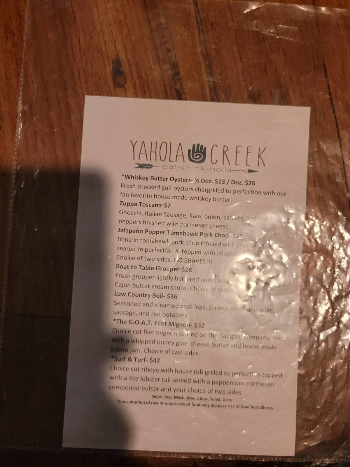 Menu at Yahola Creek Restaurant, Flovilla