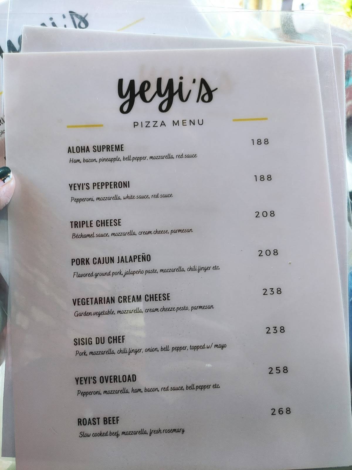 Menu at Yeyi's Pizzeria & Café, Tanay