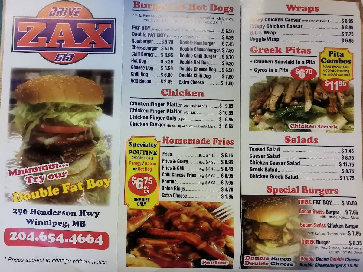 Menu at Zax Drive Inn restaurant, Winnipeg
