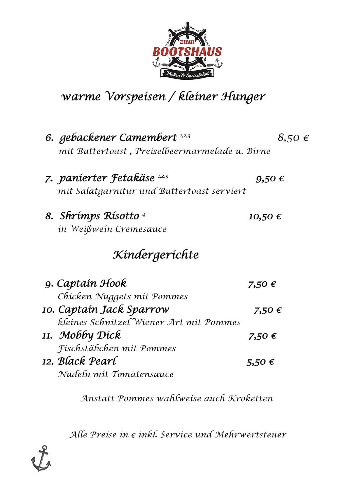 Speisekarte von Restaurant Zum Bootshaus, Wesel