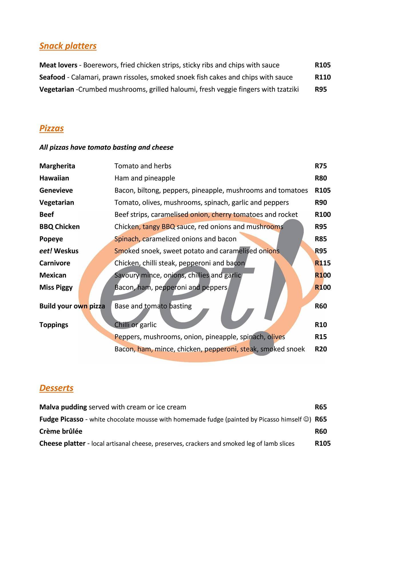 Menu au eet Restaurant, Paternoster