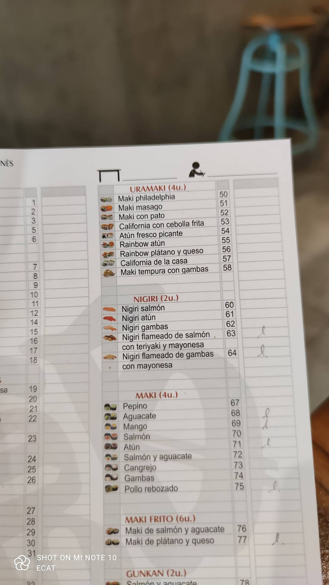 Carta de Restaurant japonès fun Gavà, Gavà