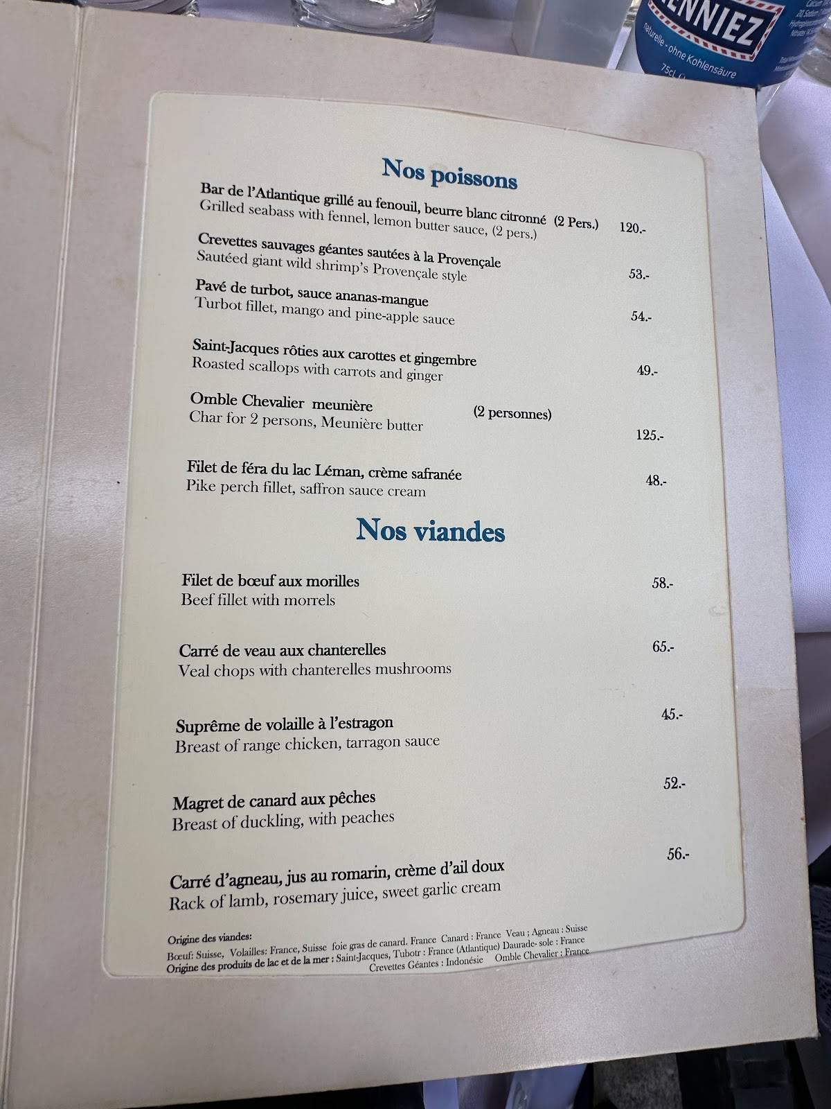 Menu au Restaurant la Perle du Lac, Genève, Rue de Lausanne 126