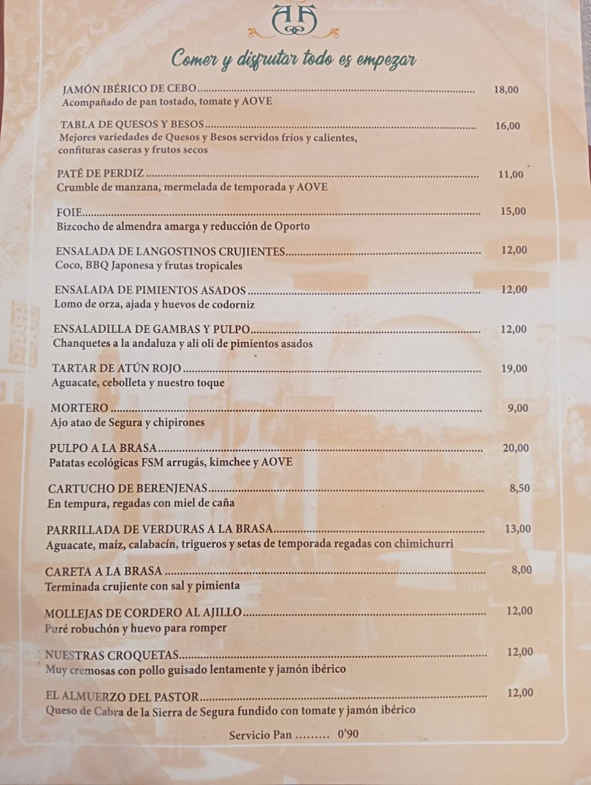 Carta de Restaurante Asador Al Andalus, Úbeda, C. de los Canos