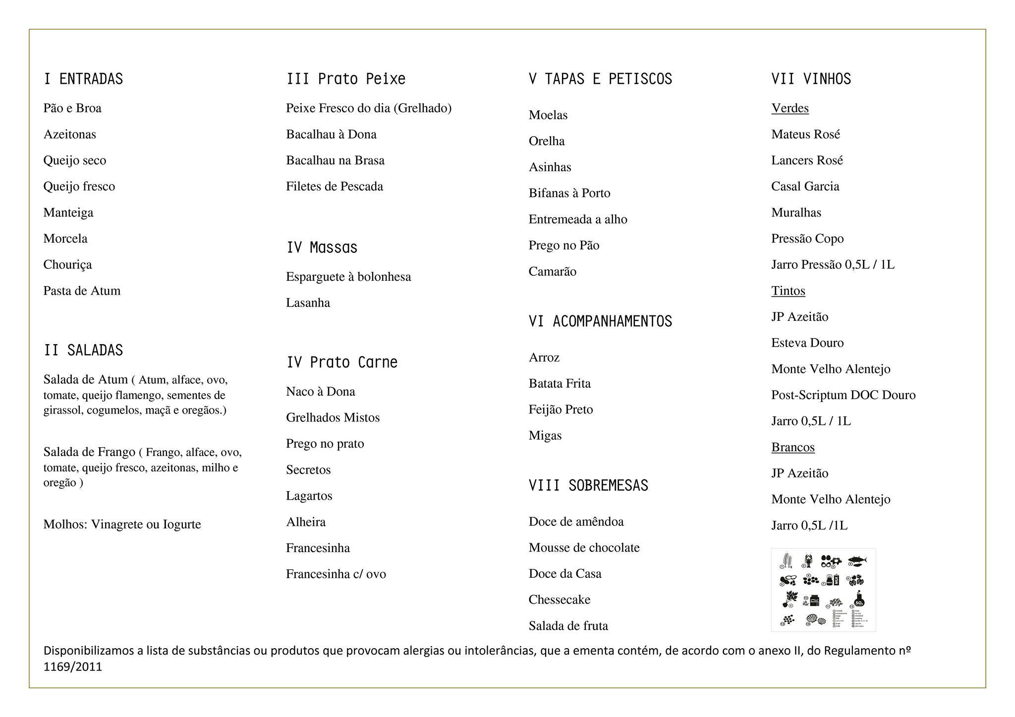 Carta de Restaurante Dona Francisca, Marinha Grande