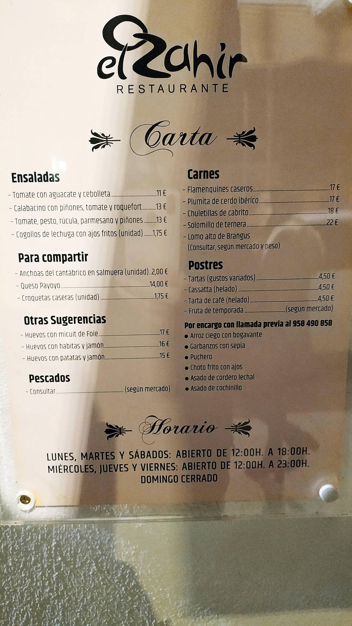 Carta del restaurante El Zahir, Albolote
