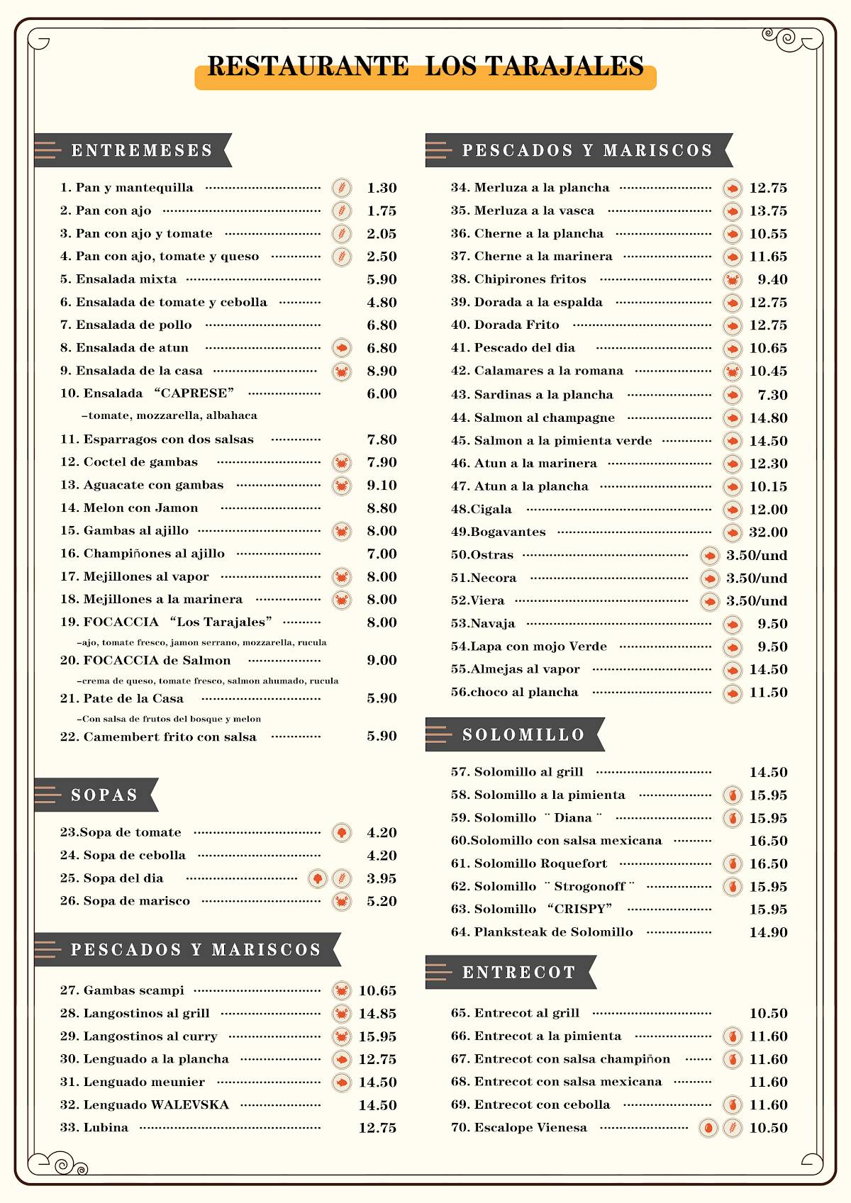 Menu at Restaurante Los Tarajales, Los Cristianos