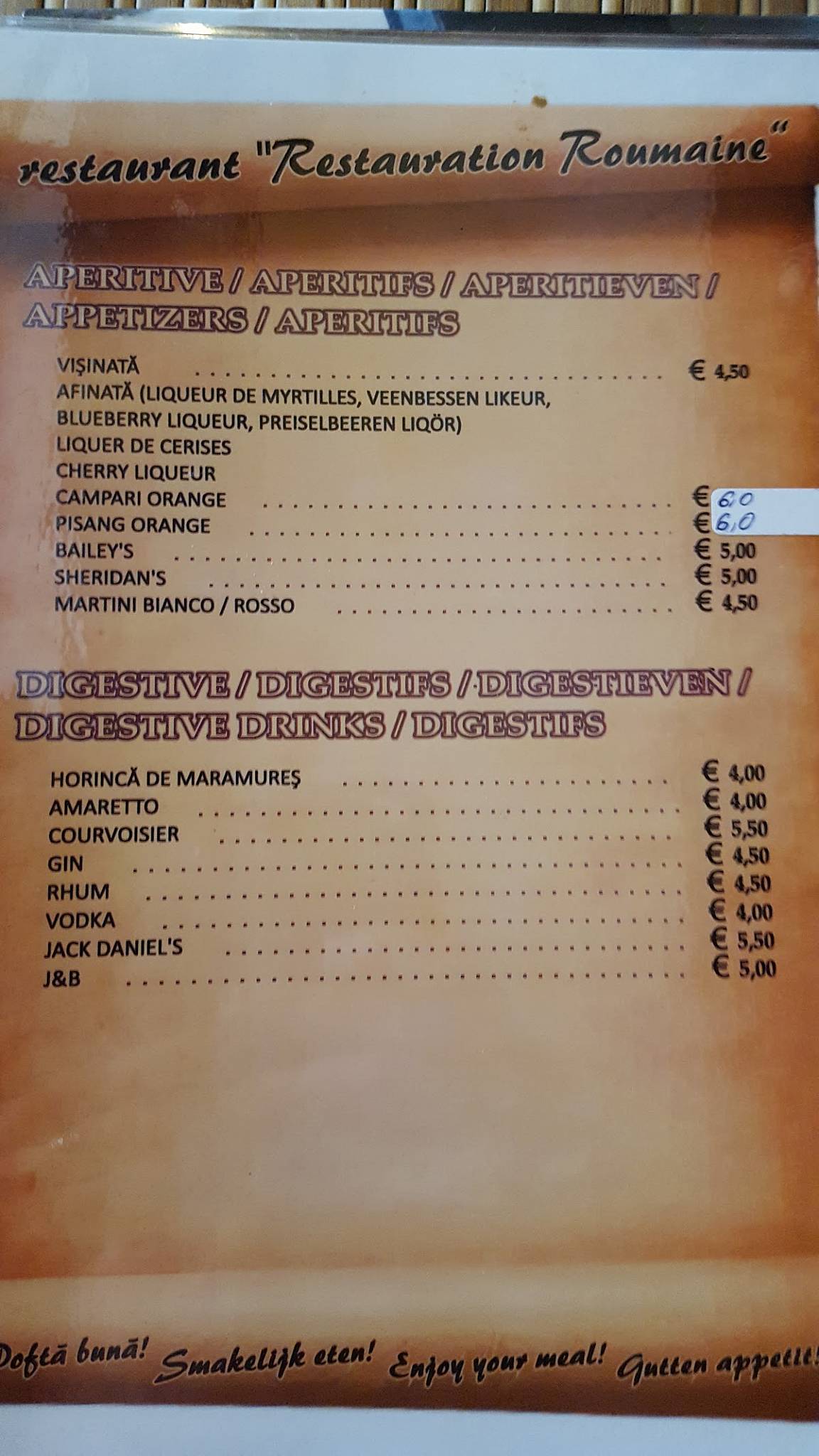 Menu at Restauration roumaine - Rustic, Brussels, Rue Grétry 13