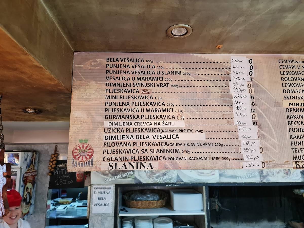 Menu at Restoran ČAČANIN restaurant, Belgrade