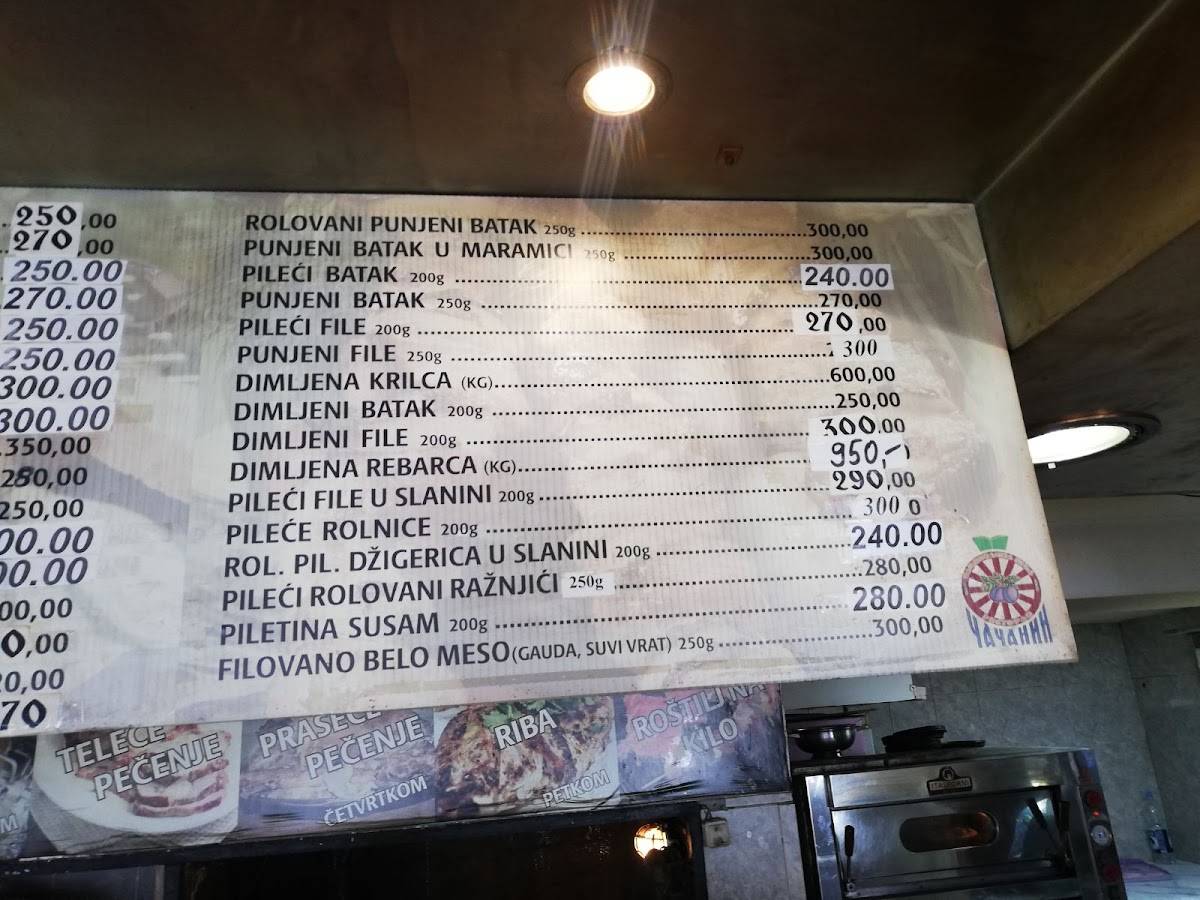 Menu at Restoran ČAČANIN restaurant, Belgrade