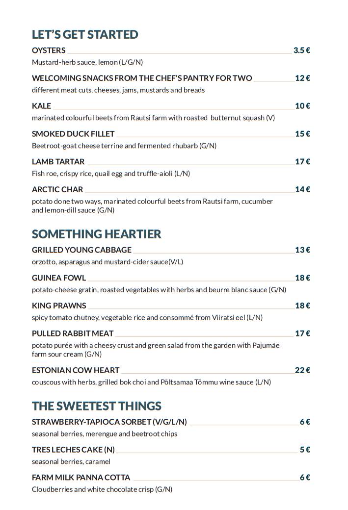 Menu at Restoran Mona restaurant, Tallinn