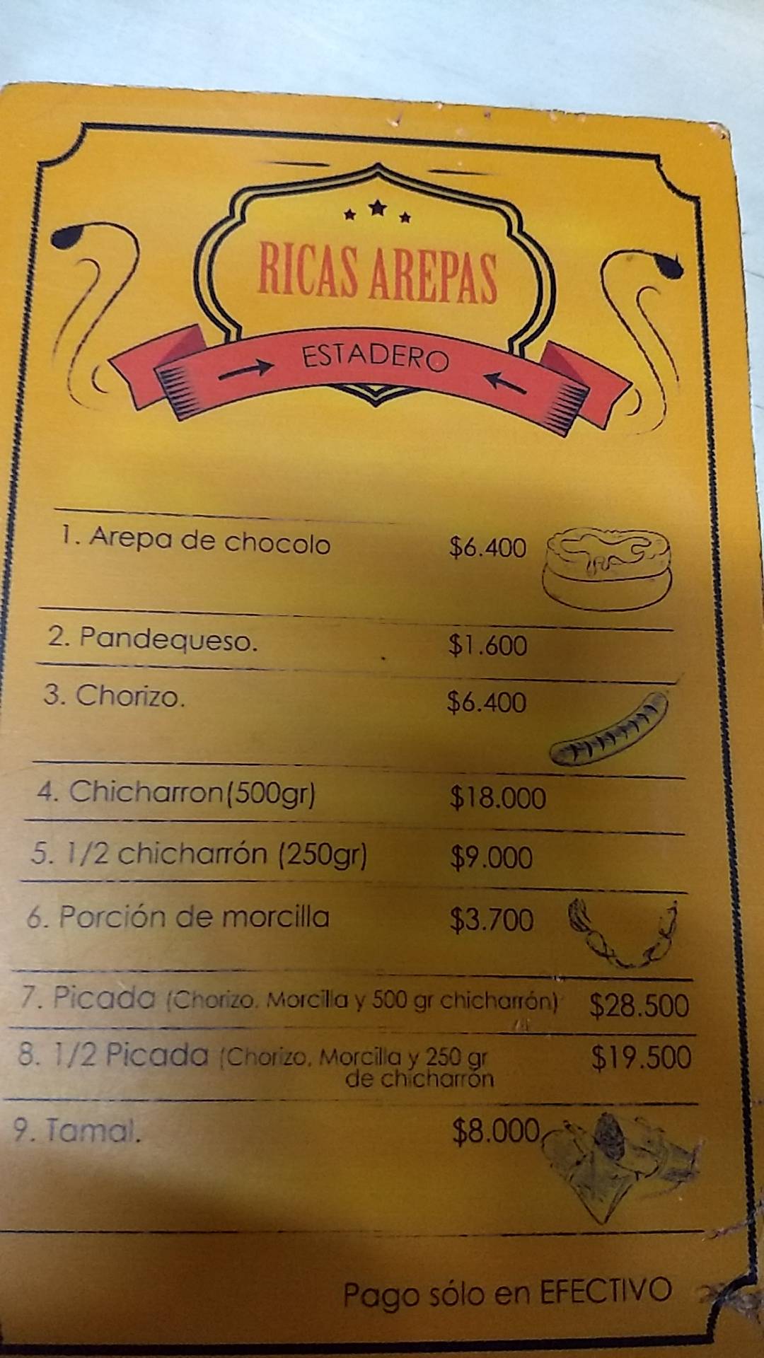 Menu at Ricas Arepas restaurant, Retiro