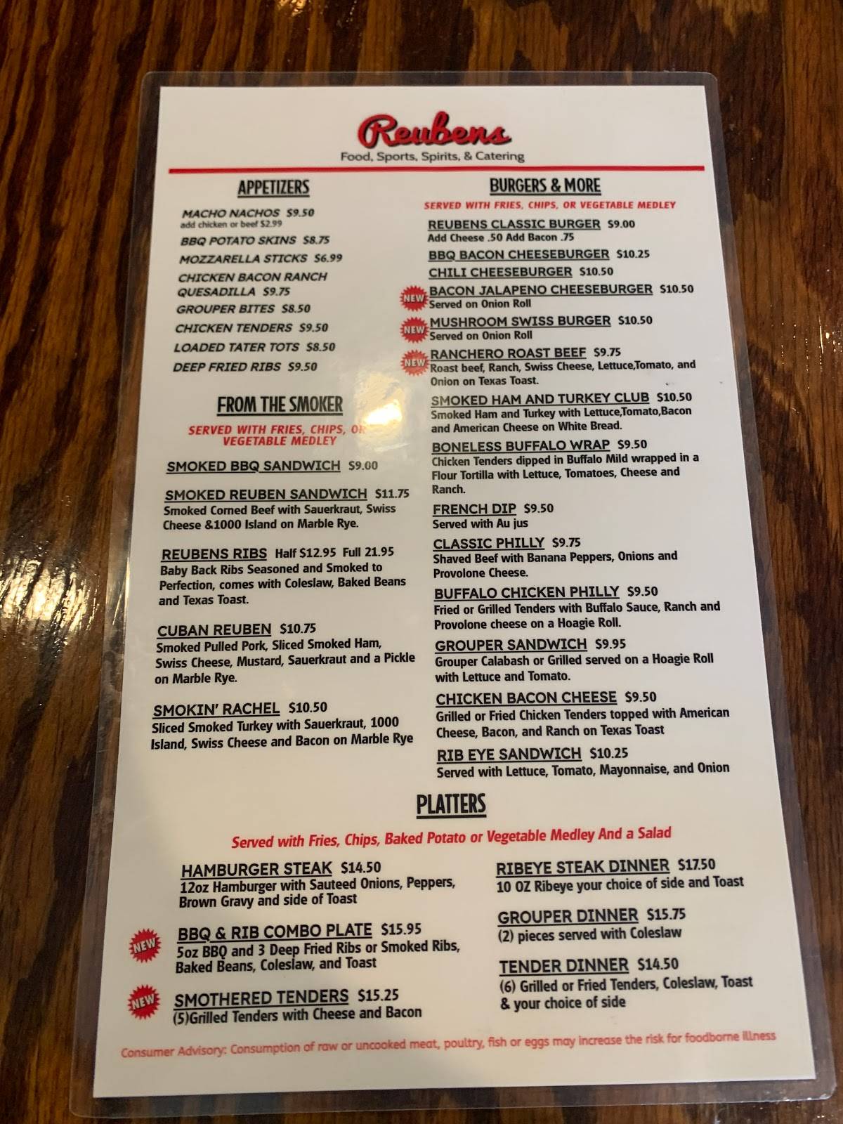 Menu at Reubens (Greer) restaurant, Greer