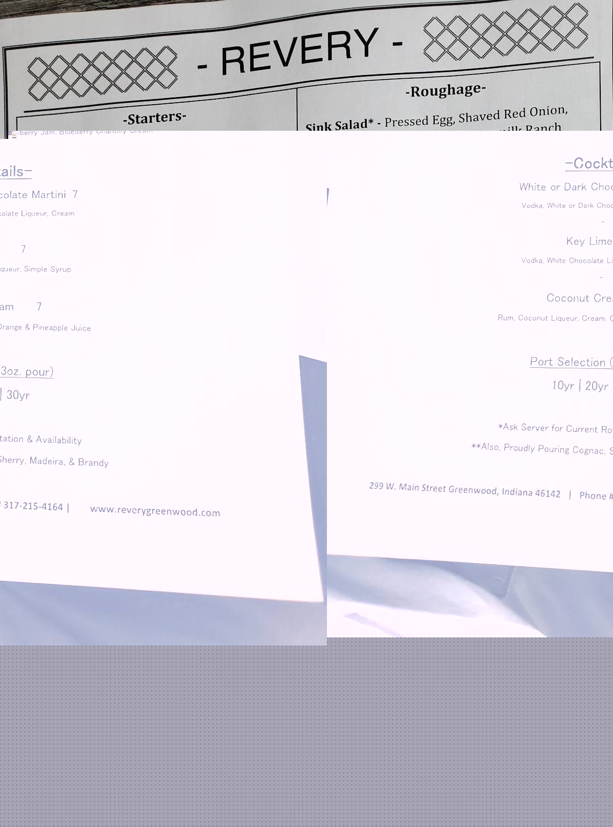 Menu at Revery restaurant, Greenwood
