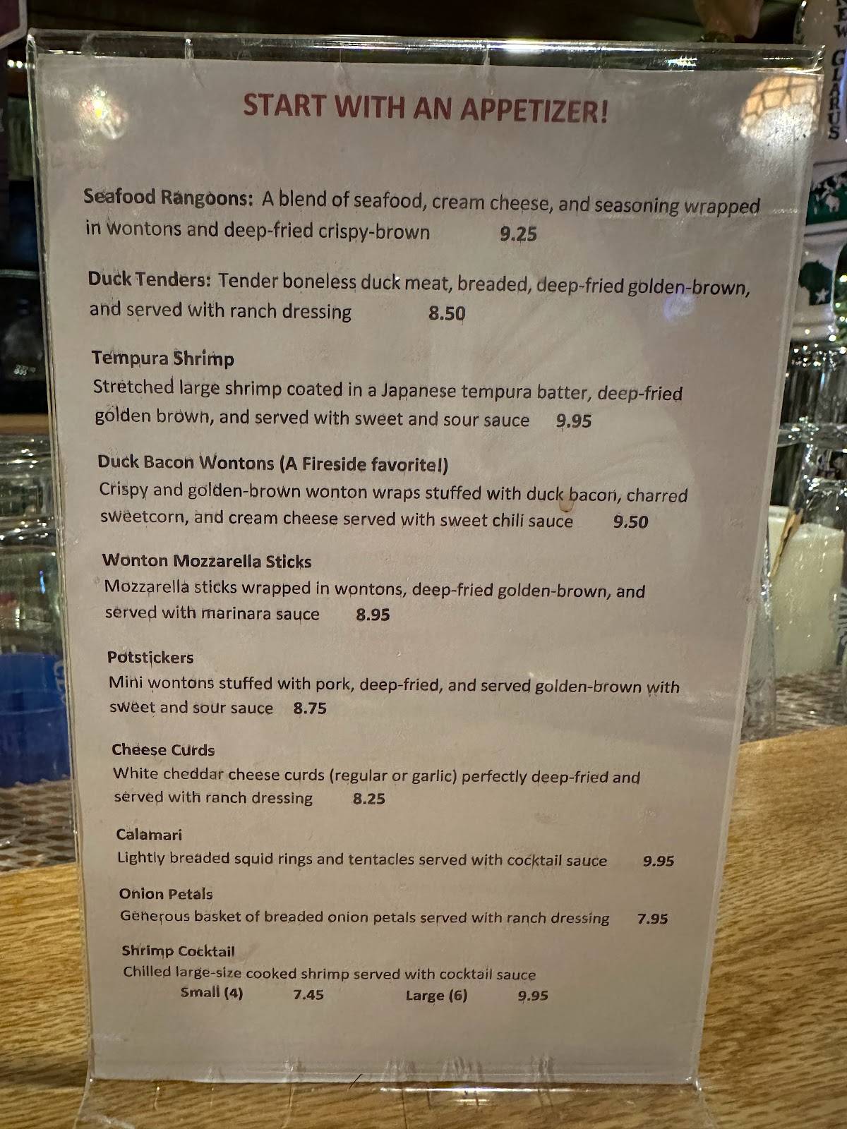 Menu at Fireside Supper Club, Rhinelander