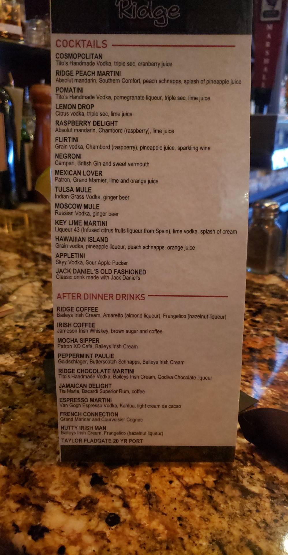 Menu at Ridge Grill steakhouse, Tulsa