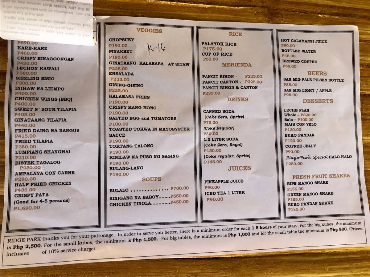 Menu at Ridge Park Kainan sa Kubo restaurant, Tagaytay, 3WXW+X75
