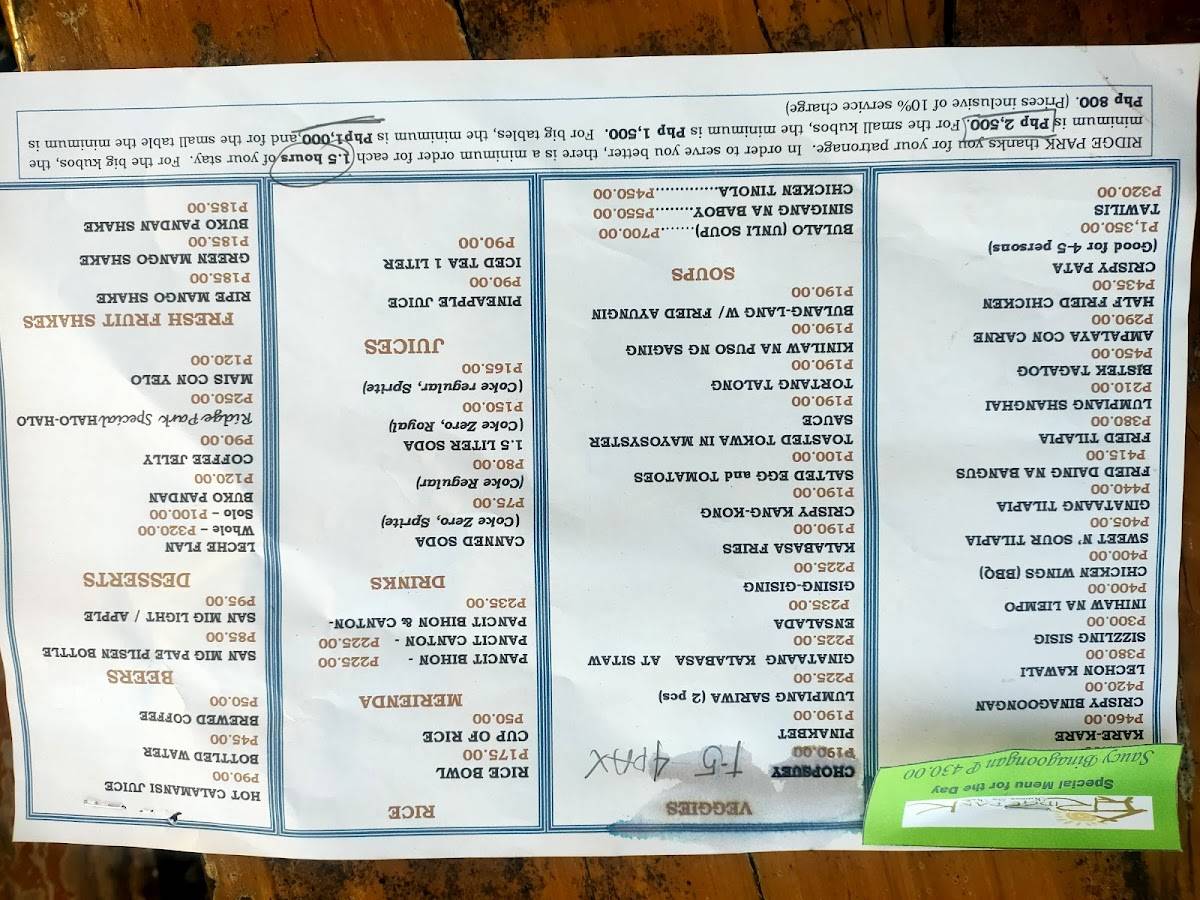 Menu at Ridge Park Kainan sa Kubo restaurant, Tagaytay, 3WXW+X75
