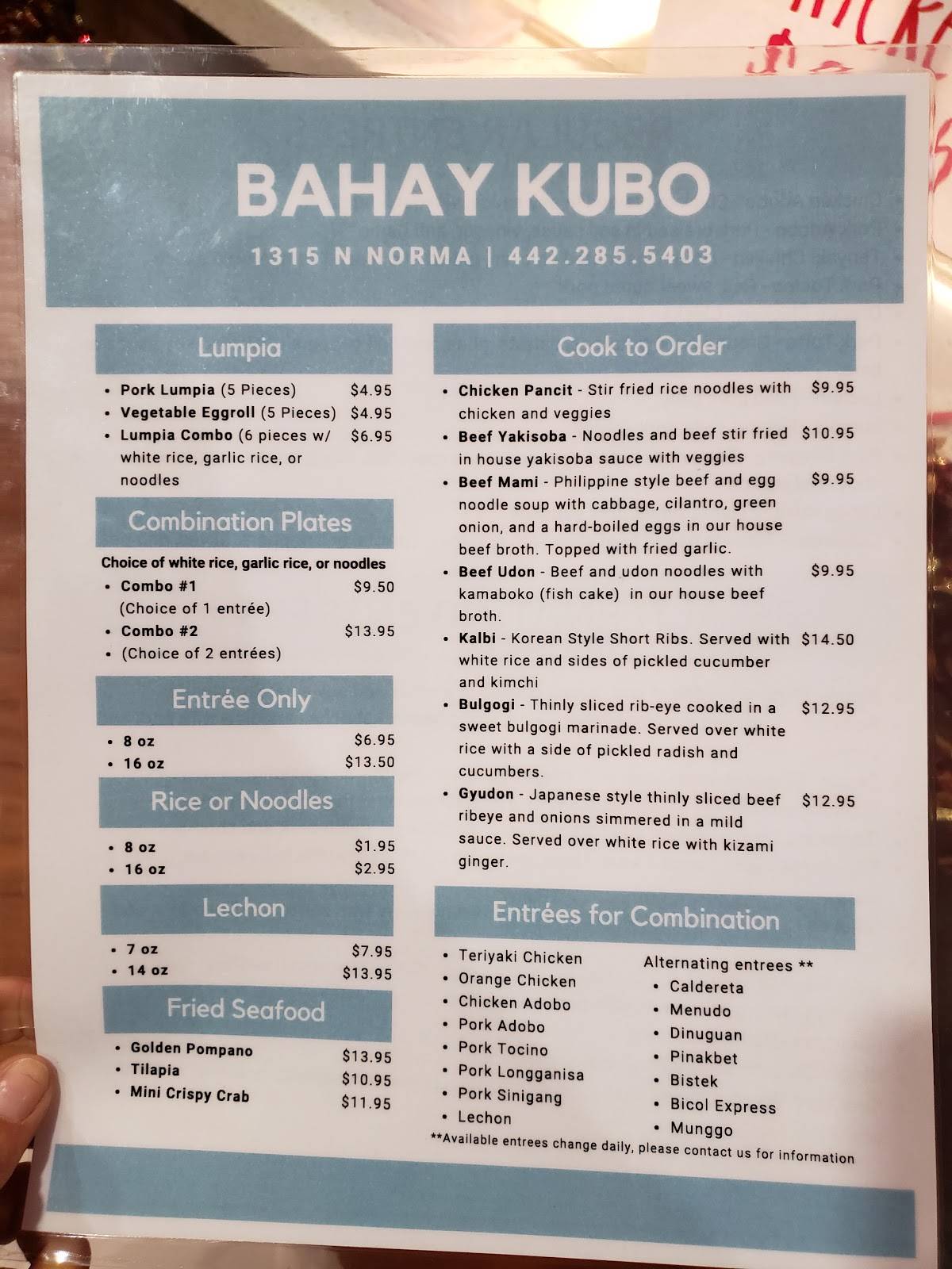 Menu at Bahay Kubo restaurant, Ridgecrest