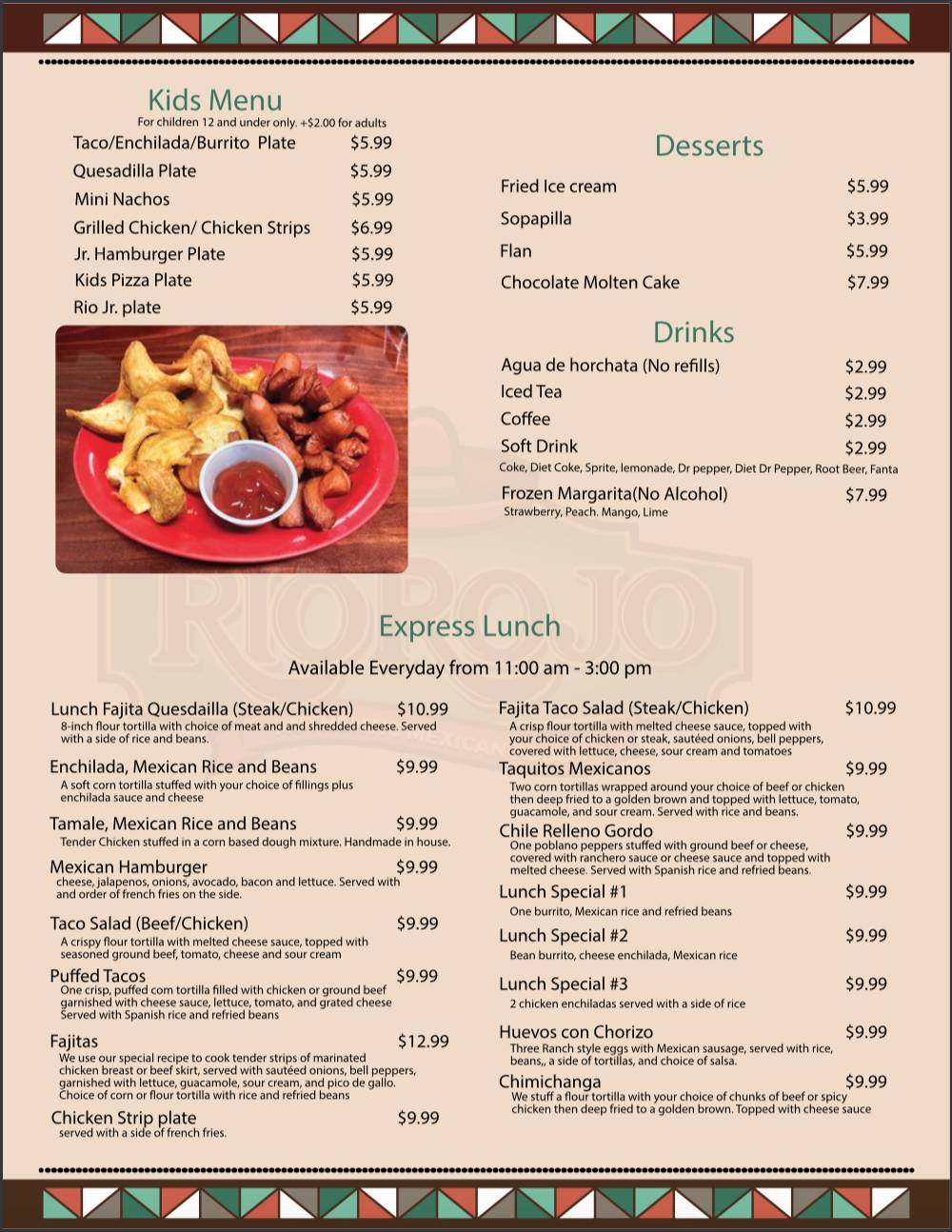 Menu at Rio Rojo Mexican Restaurant, Deville