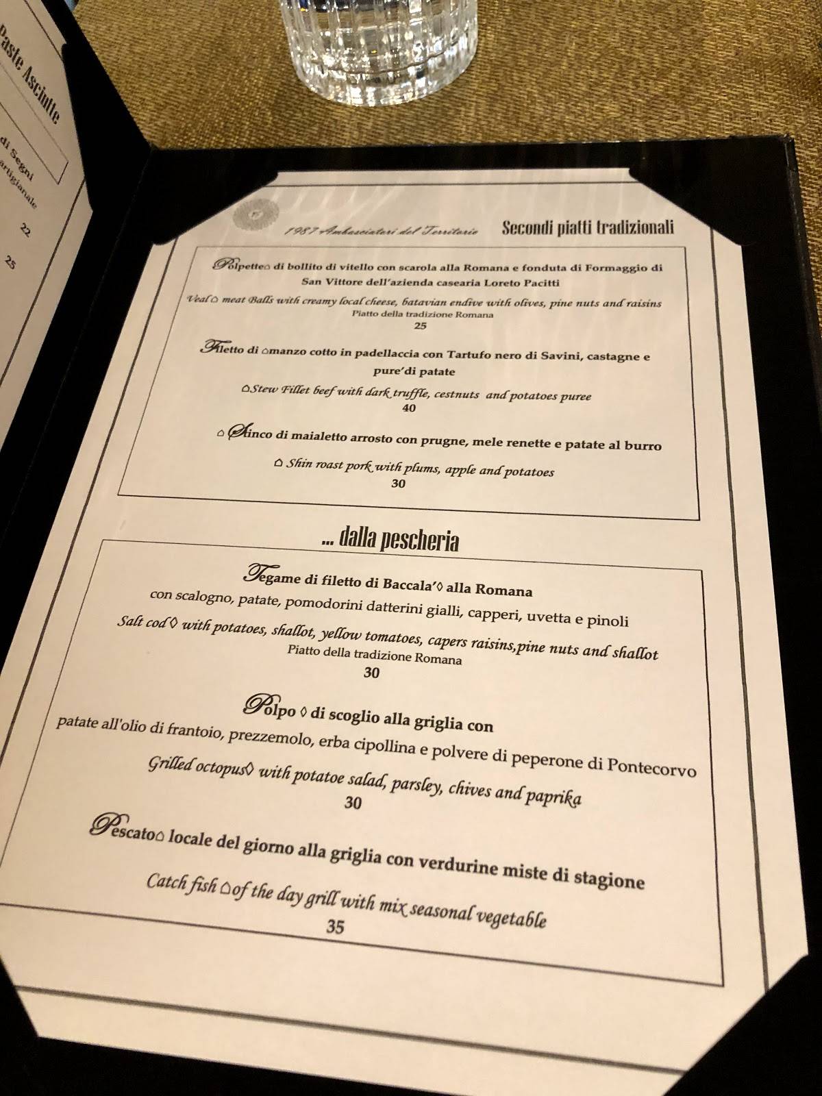 Menu at Ristorante Clotilde Roma, Rome, Piazza Cardelli