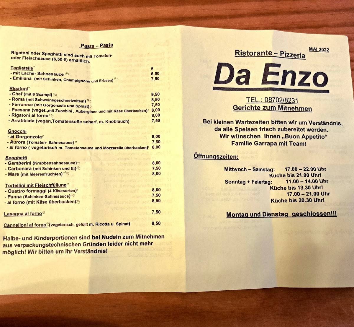Speisekarte von Ristorante Da Enzo restaurant, Niederviehbach