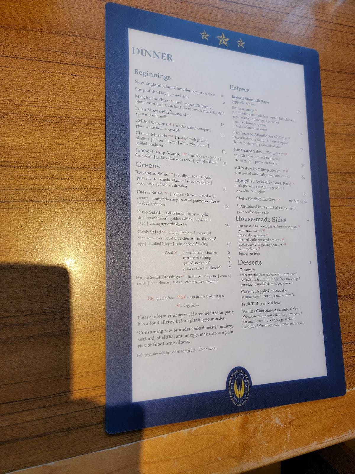 Menu at Riverbend Bar & Grill, Newton, Commonwealth Ave