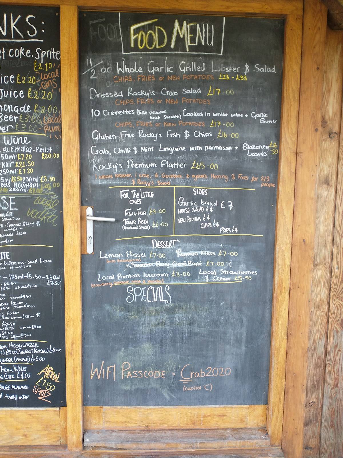 Menu at Rocky Bottoms restaurant, Cromer