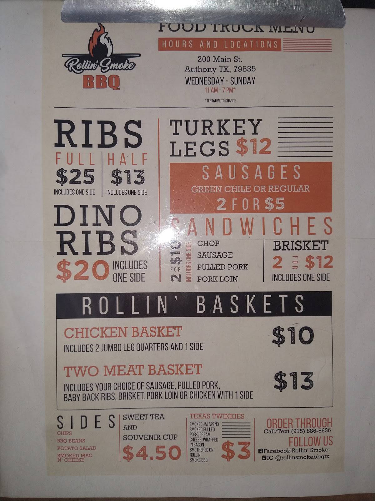 Menu at Rollin' Smoke BBQ, Anthony