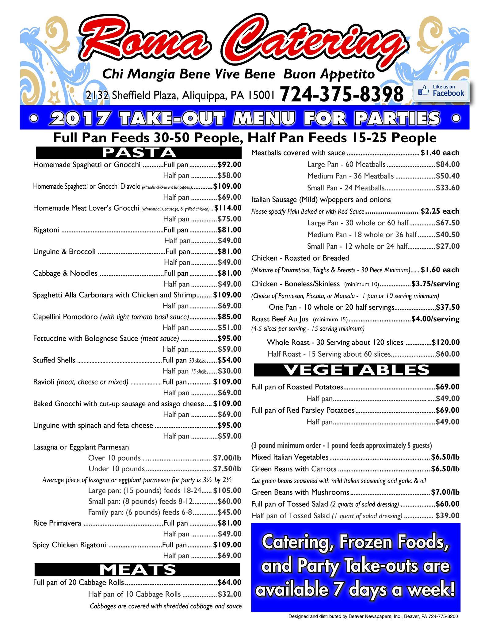Menu at Roma Catering restaurant, Aliquippa