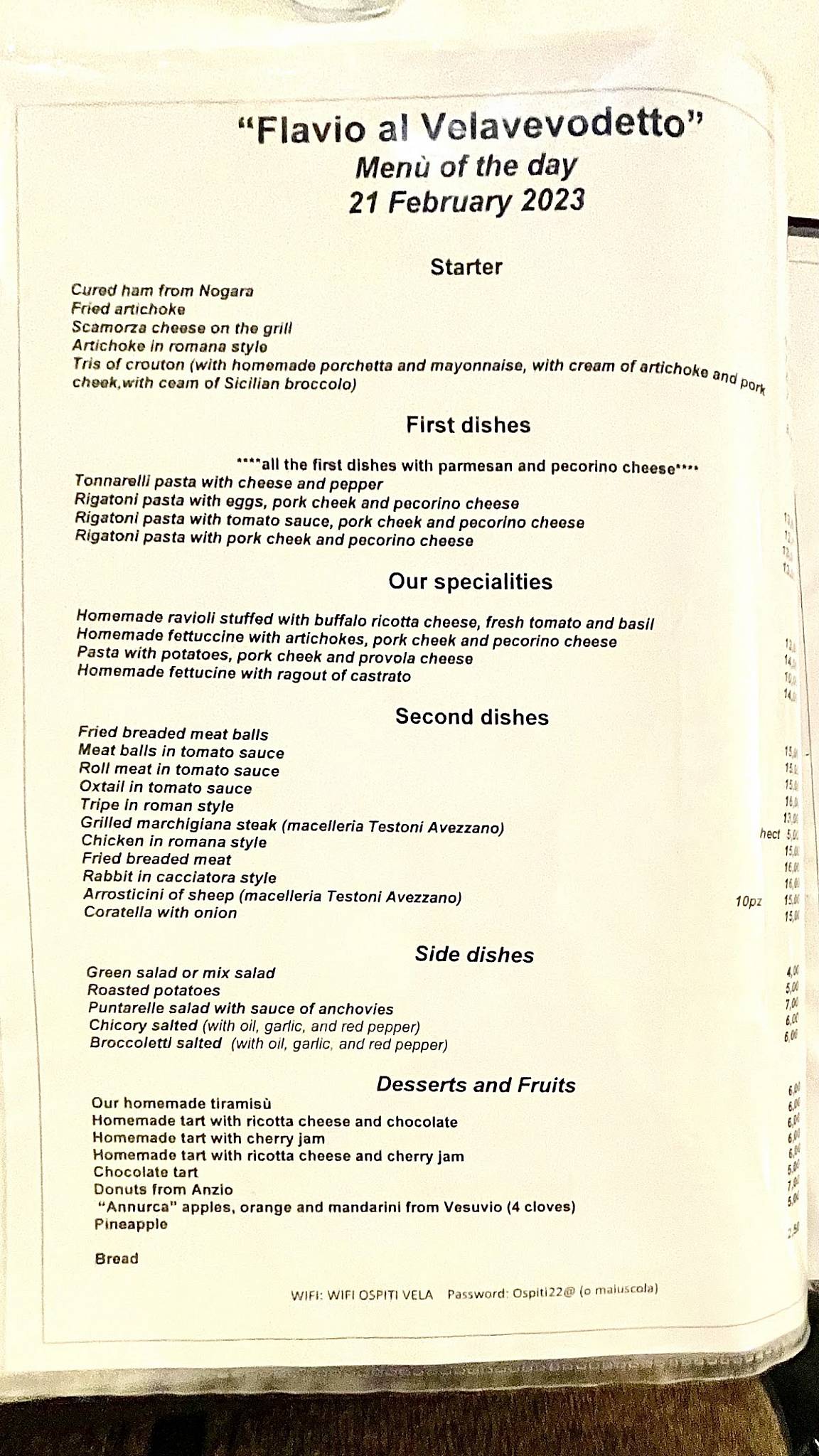 Menu at Flavio al Velavevodetto restaurant, Rome