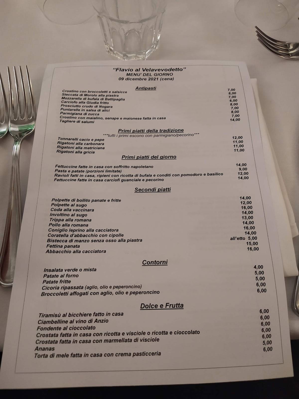 Menu at Flavio al Velavevodetto restaurant, Rome