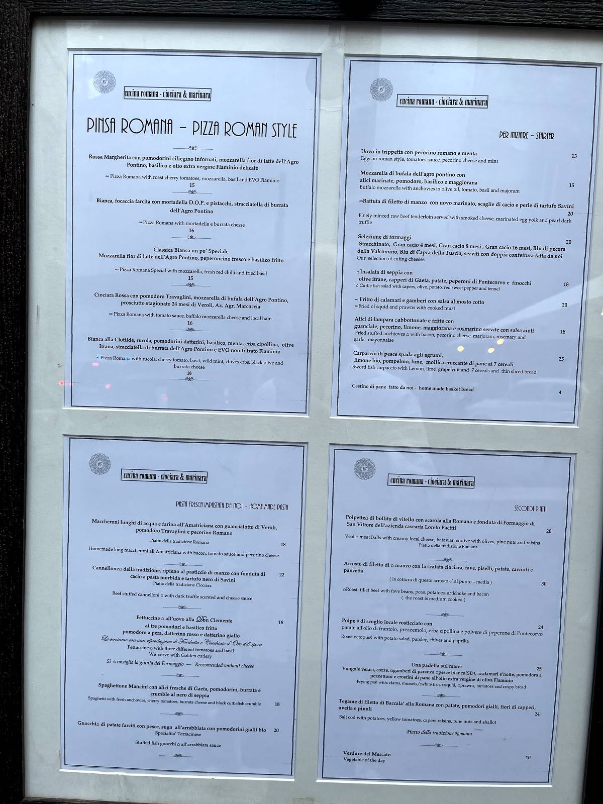 Menu at Ristorante Clotilde Roma, Rome, Piazza Cardelli