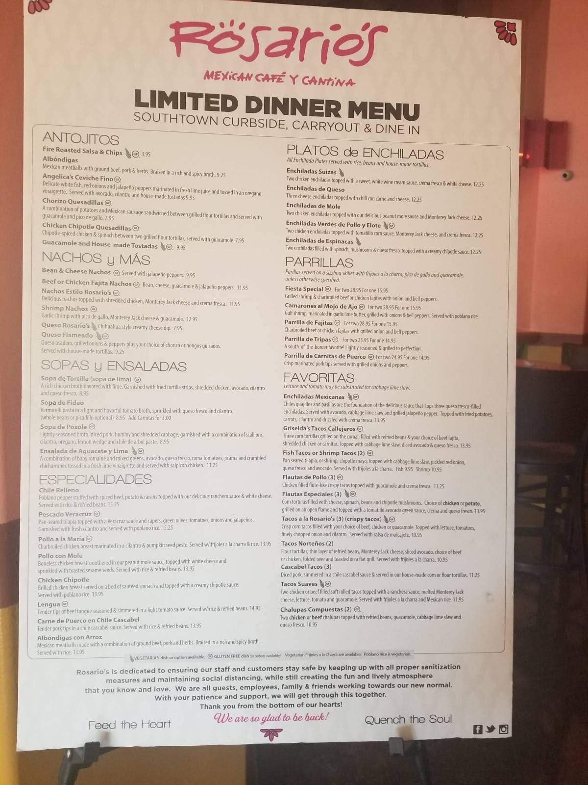 Menu at Rosario's ComidaMex & Bar, San Antonio, 722 S St Mary's St