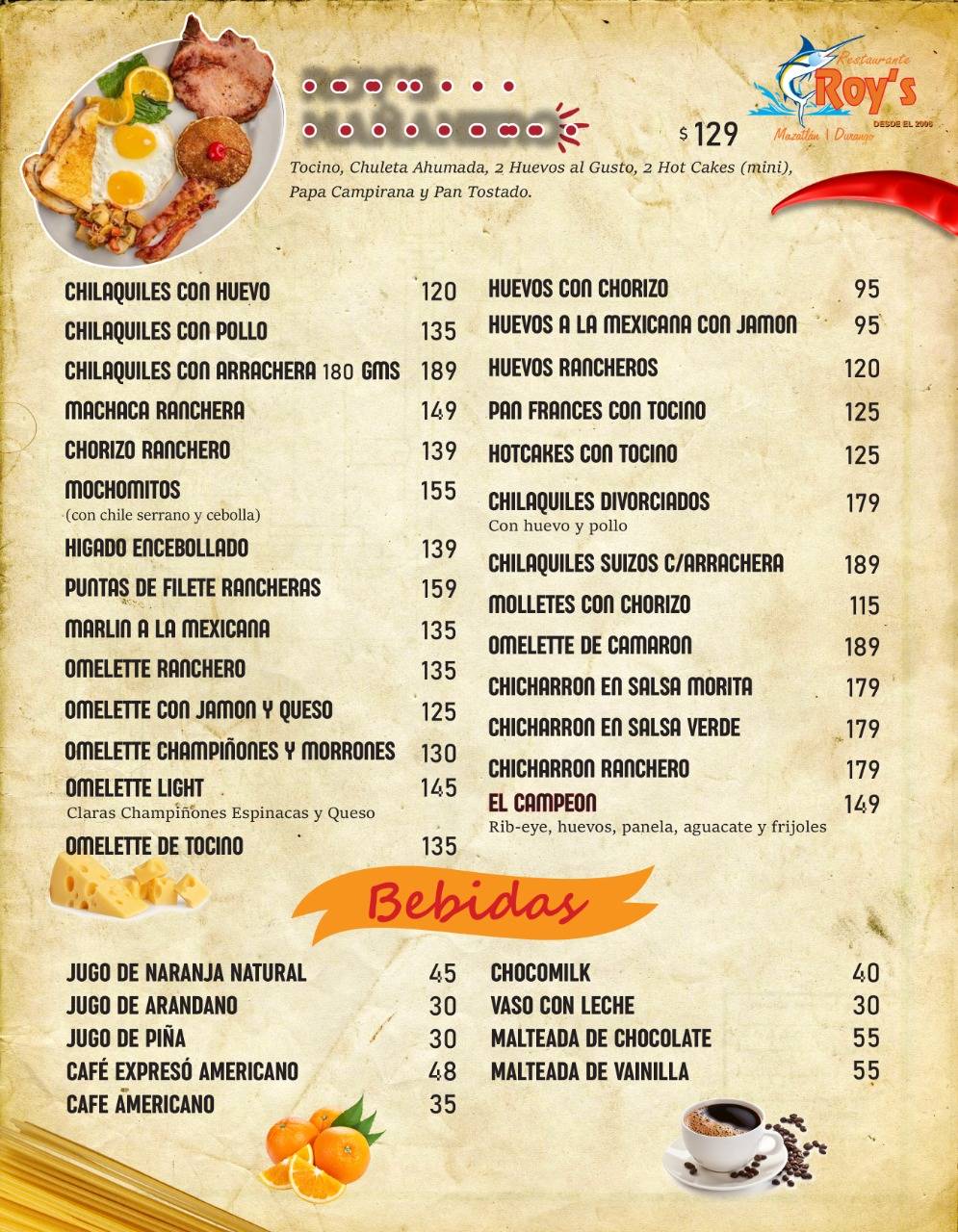 Menu at Roy's restaurant, Mazatlán