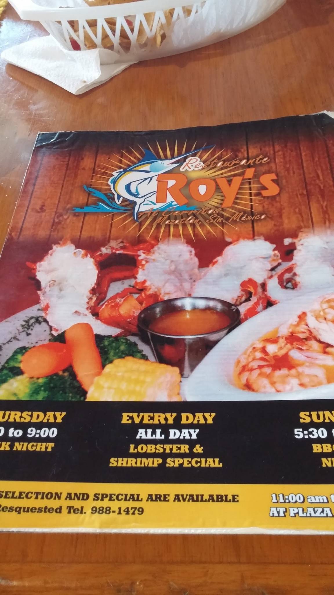 Menu at Roy's restaurant, Mazatlán