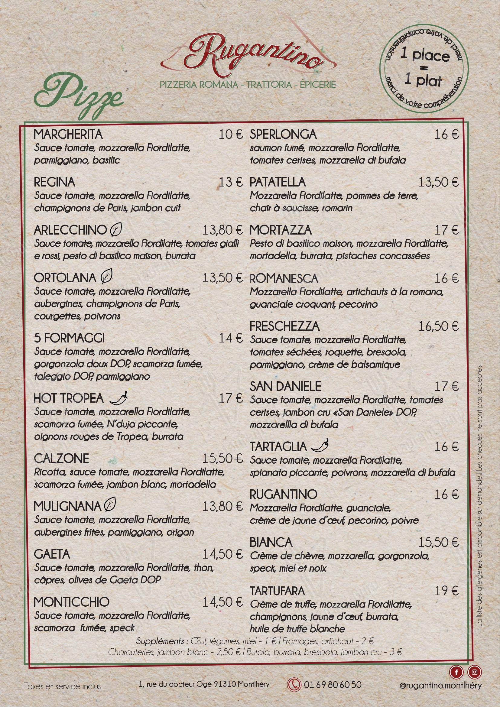 Menu au Rugantino restaurant, Montlhéry