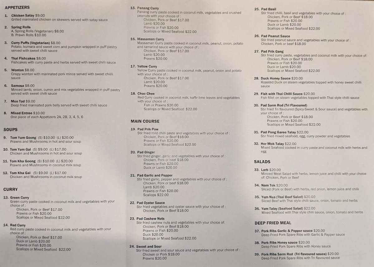 Menu at Ruk Thai restaurant, Tauranga
