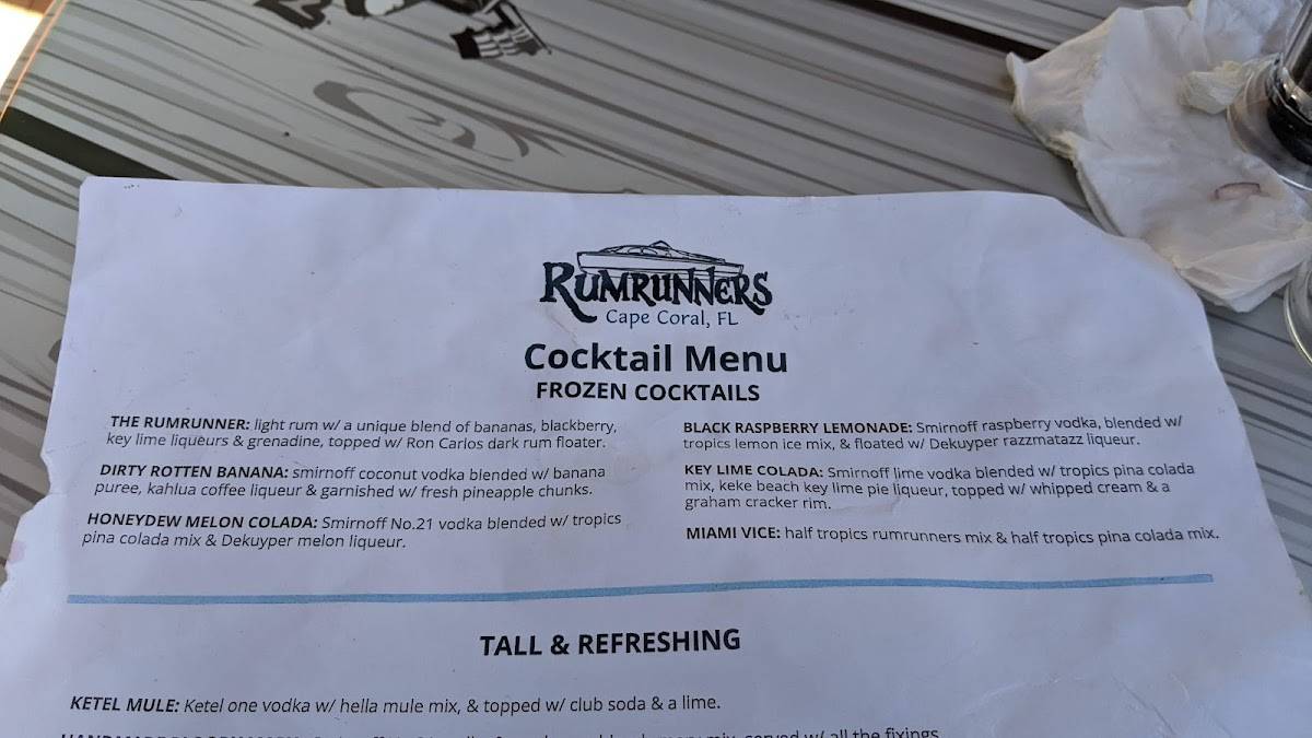 Menu at Rumrunners steakhouse, Cape Coral, Cape Harbour Dr
