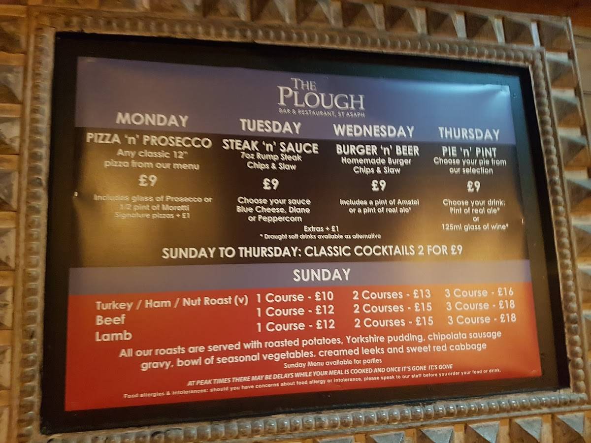 Menu at The Plough Inn pub & bar, Saint Asaph