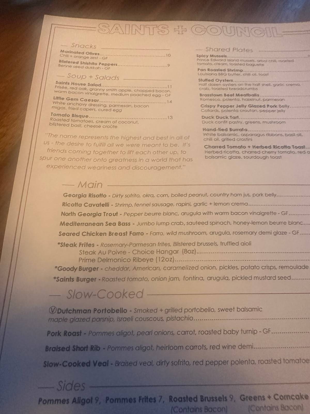 Menu at Saints + Council pub & bar, Atlanta