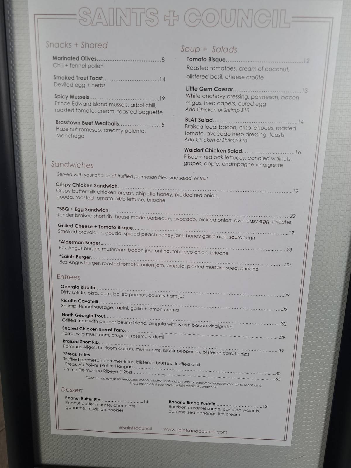 Menu at Saints + Council pub & bar, Atlanta