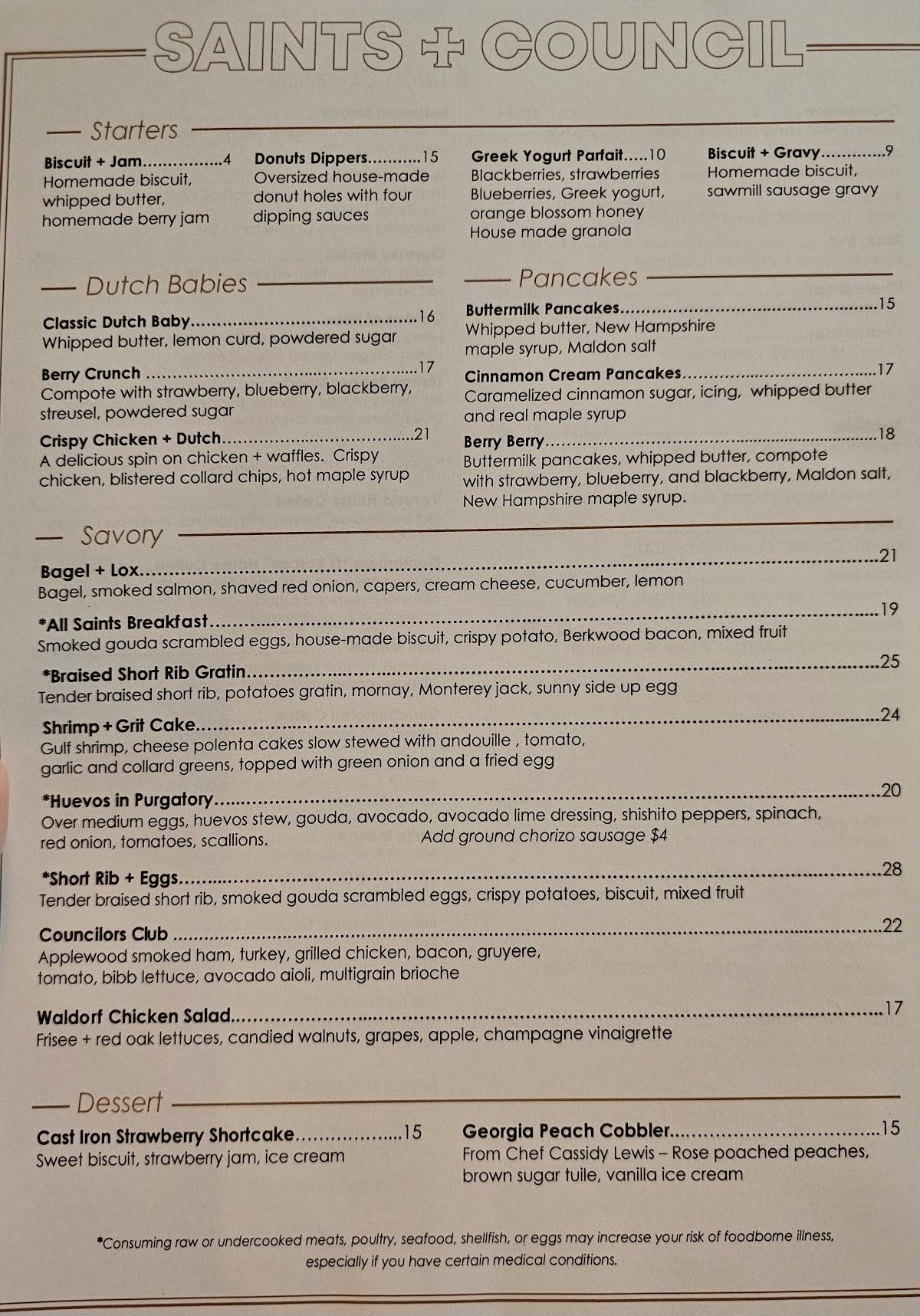 Menu at Saints + Council pub & bar, Atlanta